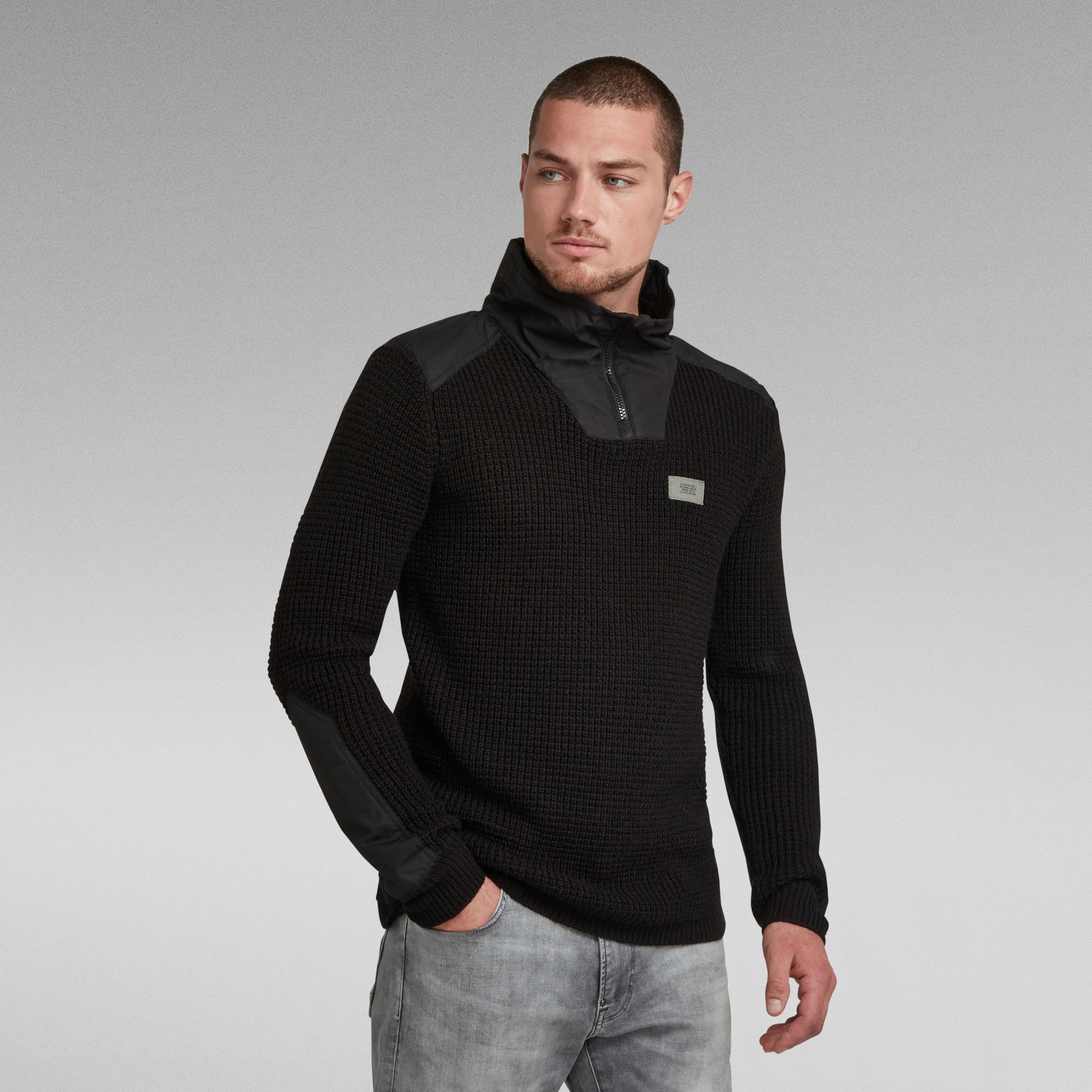 Mixed Fabric Half Zip Knitted Sweater | Black | G-Star RAW®