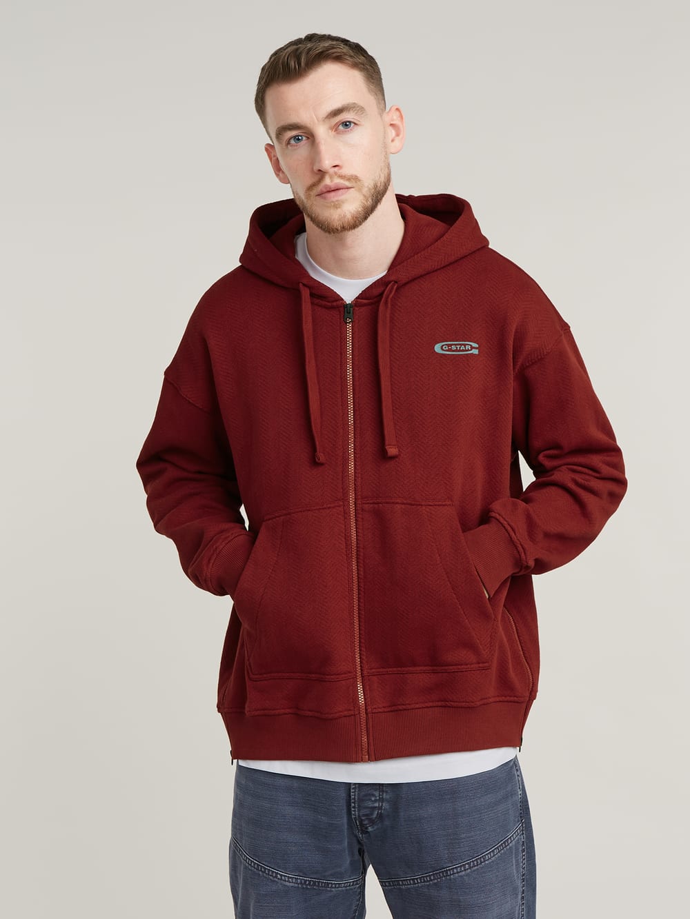 Multi Zip Thru Loose Hooded Sweater Red G STAR CA